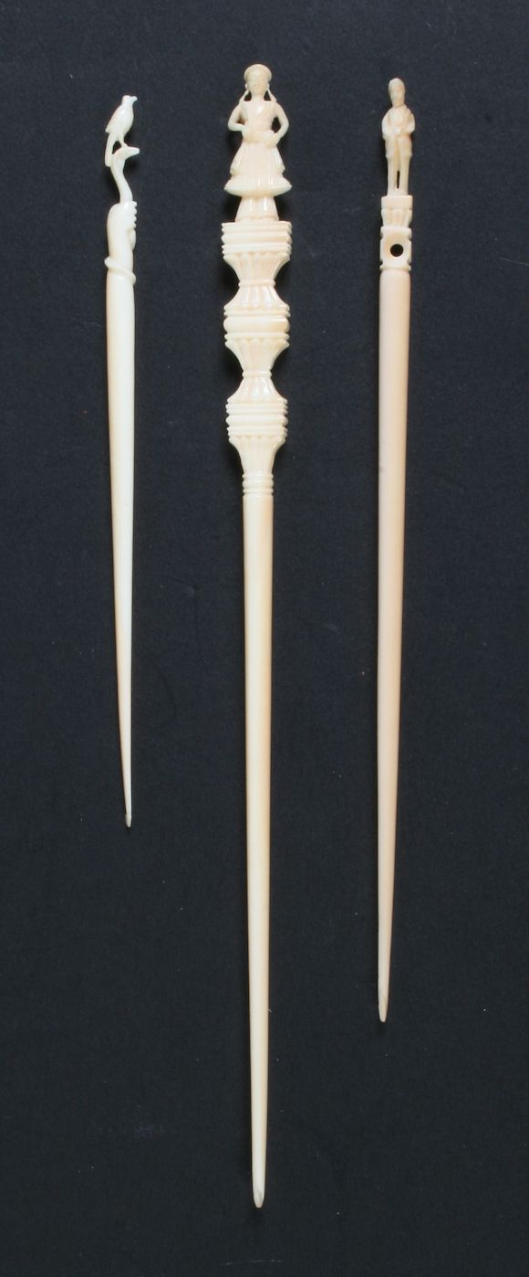 Bonhams : Three Indian finely carved ivory crochet hooks
