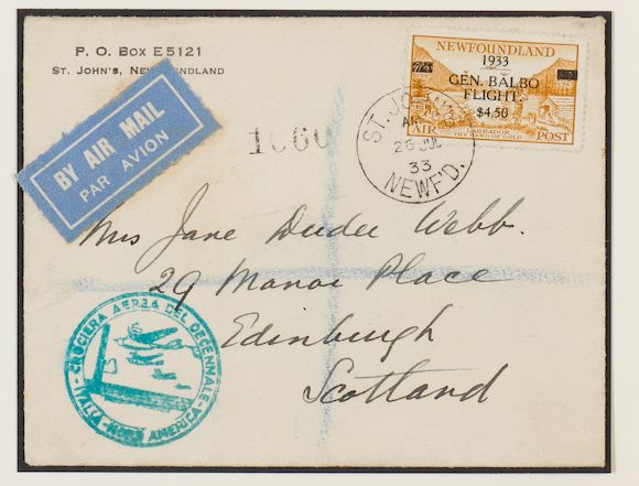 Bonhams : Newfoundland 1933 Balbo flight cover to Edinburgh numbered ...