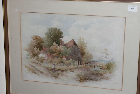Bonhams : Stephen J. Bowers (British) Figures by a cottage, 33.5cm x 49cm.
