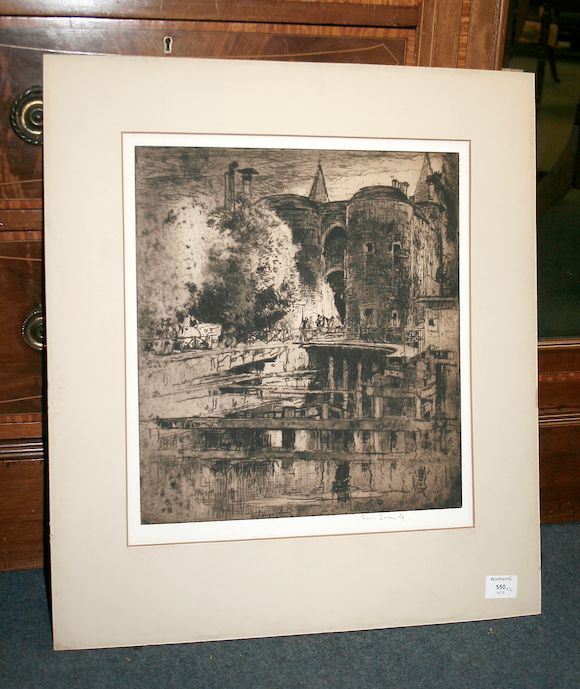 Bonhams : After Sir Frank Brangwyn, R.A. Castle and moat, etching, signed in pencil, unframed ...