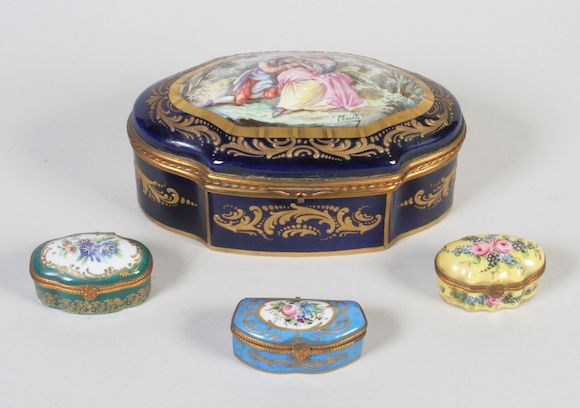 Bonhams : A Sèvres style box and cover and three Limoges pill boxes