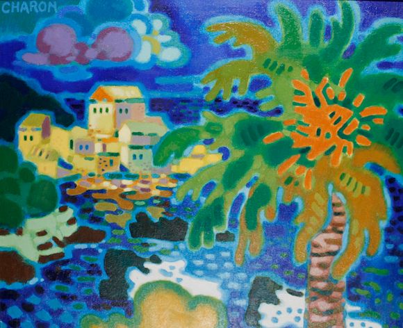 Bonhams : Guy Charon (French, born 1927) Beach scene with palm tree