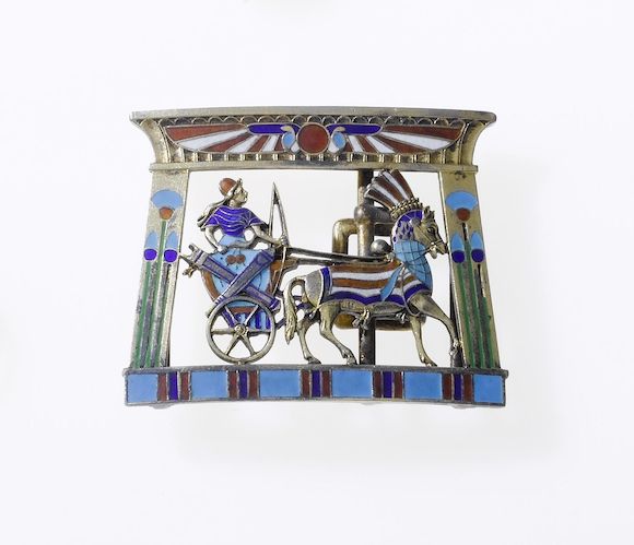 Bonhams : An Egyptian style gilt and enamel belt buckle