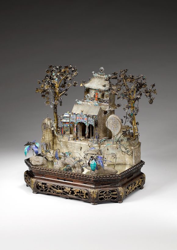 Bonhams : A silver filigree and enamel model of a temple 19th century