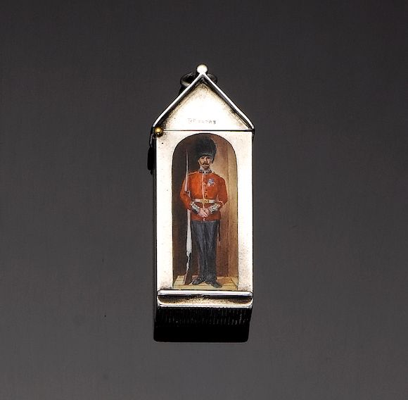 Bonhams : A Victorian silver and enamel novelty sentry box vesta case ...