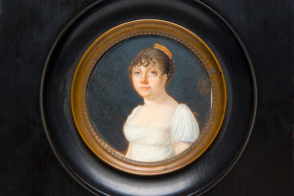 Bonhams : French School, circa 1815 A Lady, wearing spotted white ...