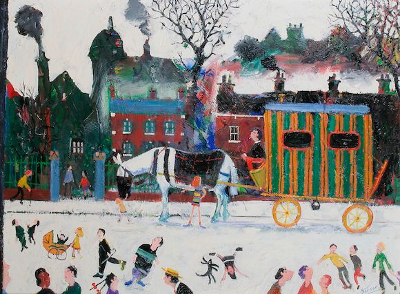 Bonhams : Simeon Stafford (British, born 1956) Street scene with horse ...
