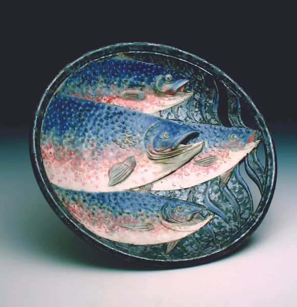 Bonhams : Roger Cockram 'Returning Salmon' A Large Stoneware Platter, 2007