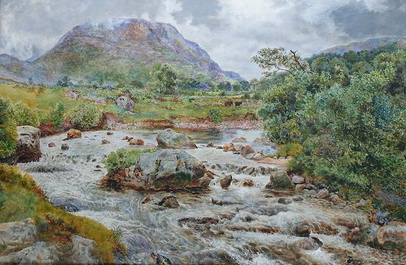 Bonhams : William Davis (British, 1812-1873) A rocky river landscape,