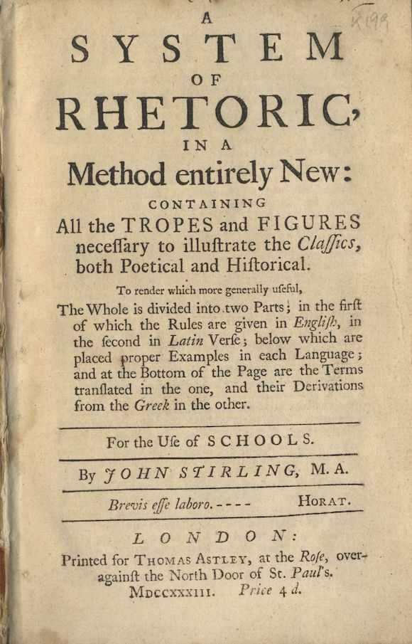 Bonhams : STIRLING (JOHN) A System of Rhetoric, in a Method Entirely New: Containing all the ...