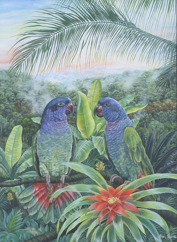 Bonhams : Ann Stone Two parrots seated on a branch before a rainforest,