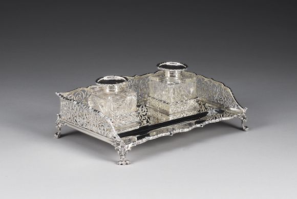 Bonhams : An Edwardian silver two-bottle inkstand, by Mappin & Webb, London 1905,