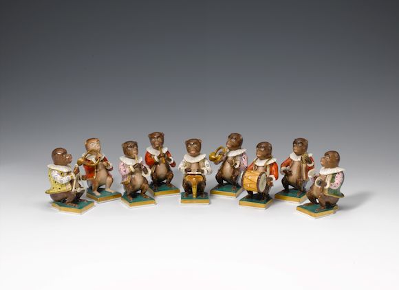 Bonhams : A nine-piece Derby monkey orchestra circa 1825-30