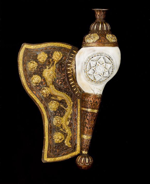 Bonhams : A metal-mounted ritual inscribed Conch Shell Trumpet Eastern ...