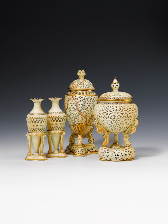 Bonhams : Two Grainger Worcester reticulated vases and covers and a ...