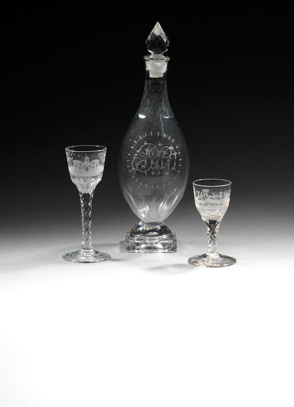 Bonhams Two Engraved Facet Stem Wine Glasses And A Decanter And