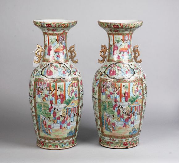 Bonhams : A pair of large Canton ware famile rose vases