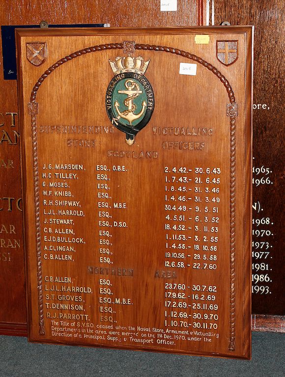 Bonhams : A Naval Department name board Victualling store officers ...
