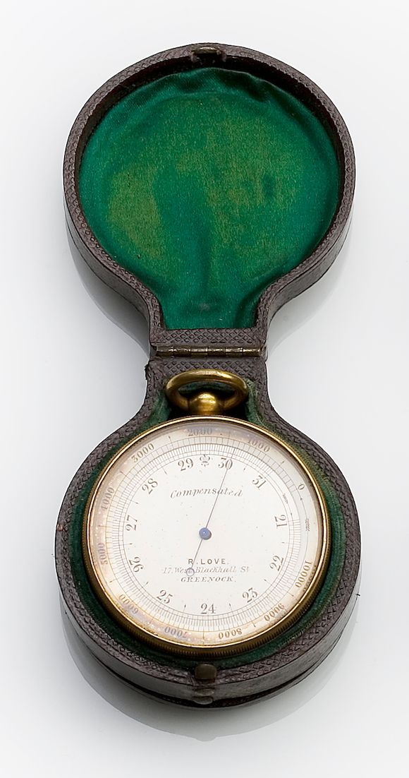 Bonhams : A leather cased pocket barometer, thermometer compass