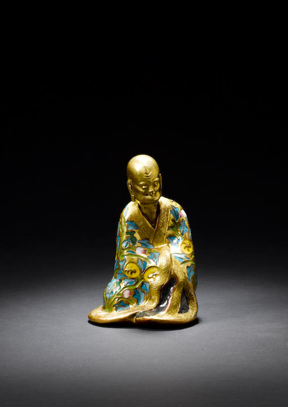 Bonhams A Repoussé Enamel And Gilt Copper Alloy Figure Of A Luohan