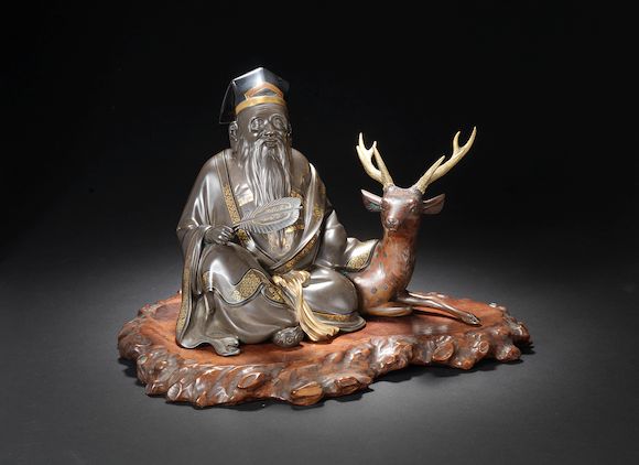 Bonhams : An inlaid Shibuichi figure of Jurojin and stag By Moritsugu ...