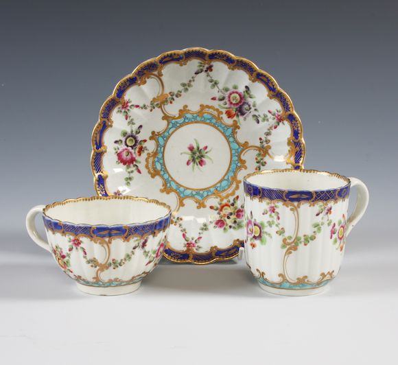 Bonhams : A Worcester teacup, coffee cup and saucer Circa 1770