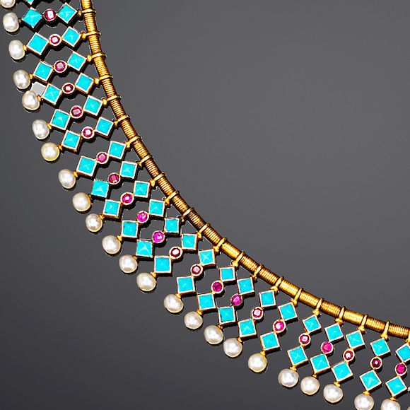 Bonhams : A turquoise, pearl and ruby fringe necklace and earring suite ...