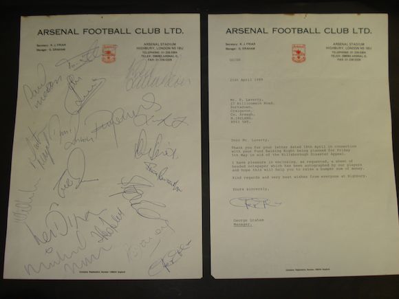 Bonhams : Arsenal 1989 autographed sheet