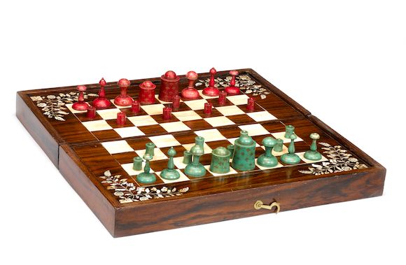 Bonhams : An Islamic painted ivory chess set, Northern India, late 18th ...