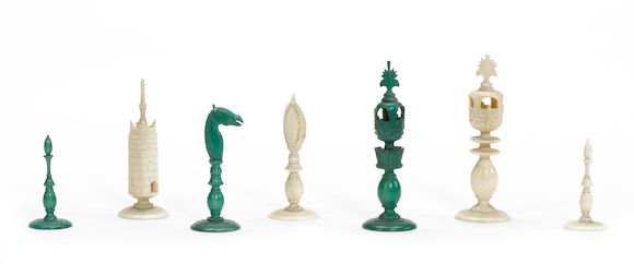 Bonhams : An Indian Export ivory chess set, India, circa 1840,