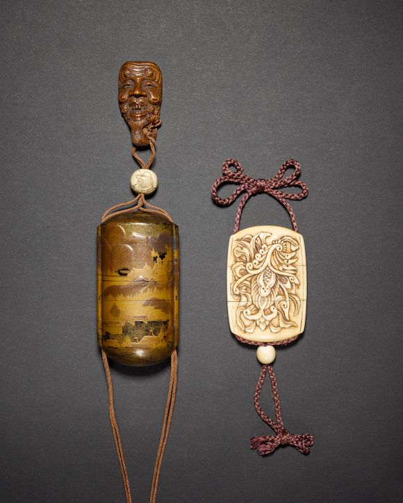 Bonhams : An ivory inro and a lacquer inro;