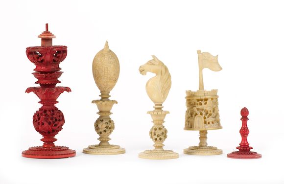 Bonhams : A Burmese Pattern ivory chess set, Canton, circa 1840,