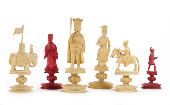 Bonhams : A "King George III" ivory figural chess set, Canton, circa 1820,