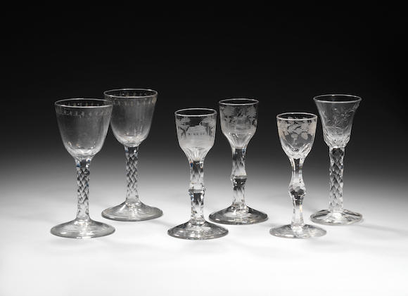 Bonhams A Pair Of Facet Stem Wine Glasses And Two Opaque Twist Firing