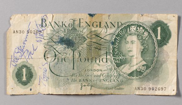 Bonhams : A banknote signed by the Clash, 1970s/80s,