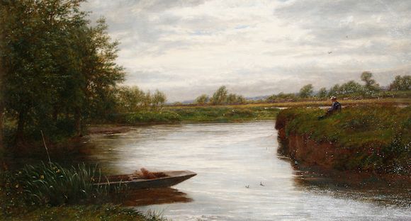 Bonhams : Walter Field (English, 1837-1901) A cloudy day on the riverbank