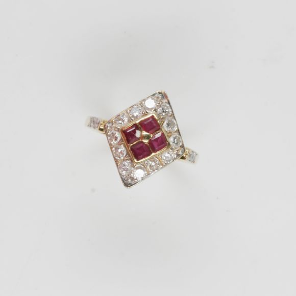Bonhams : A diamond and ruby lozenge-shaped panel ring