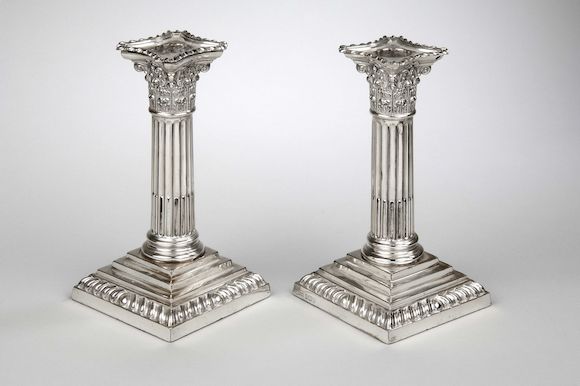 Bonhams : A pair of Edwardian dwarf corinthian column candlesticks T.A ...