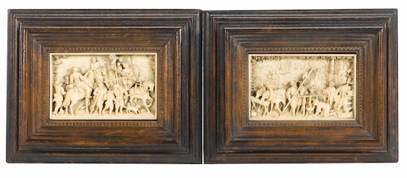 Bonhams : A pair 19th century German carved ivory panels of genre scenes