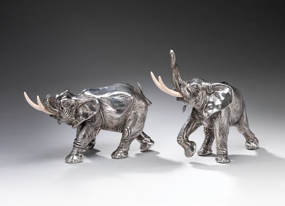 Bonhams : A pair of German silver elephants, by Neresheimer, circa 1920 ...