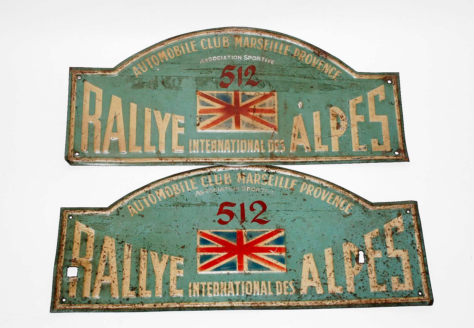 Bonhams Cars : A pair of French tin plate Rallye plates 45cm wide.