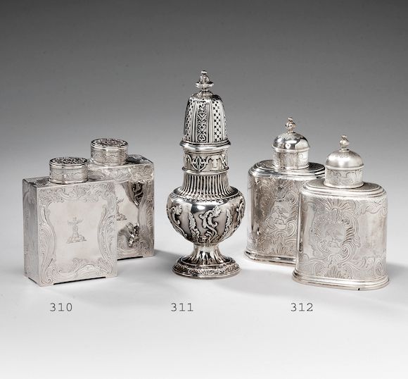 Bonhams : A George II silver sugar caster, stamped thrice with maker's ...