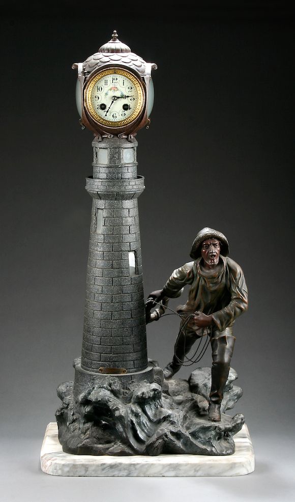 Bonhams : A large cast spelter novelty lighthouse clock Anonymous ...