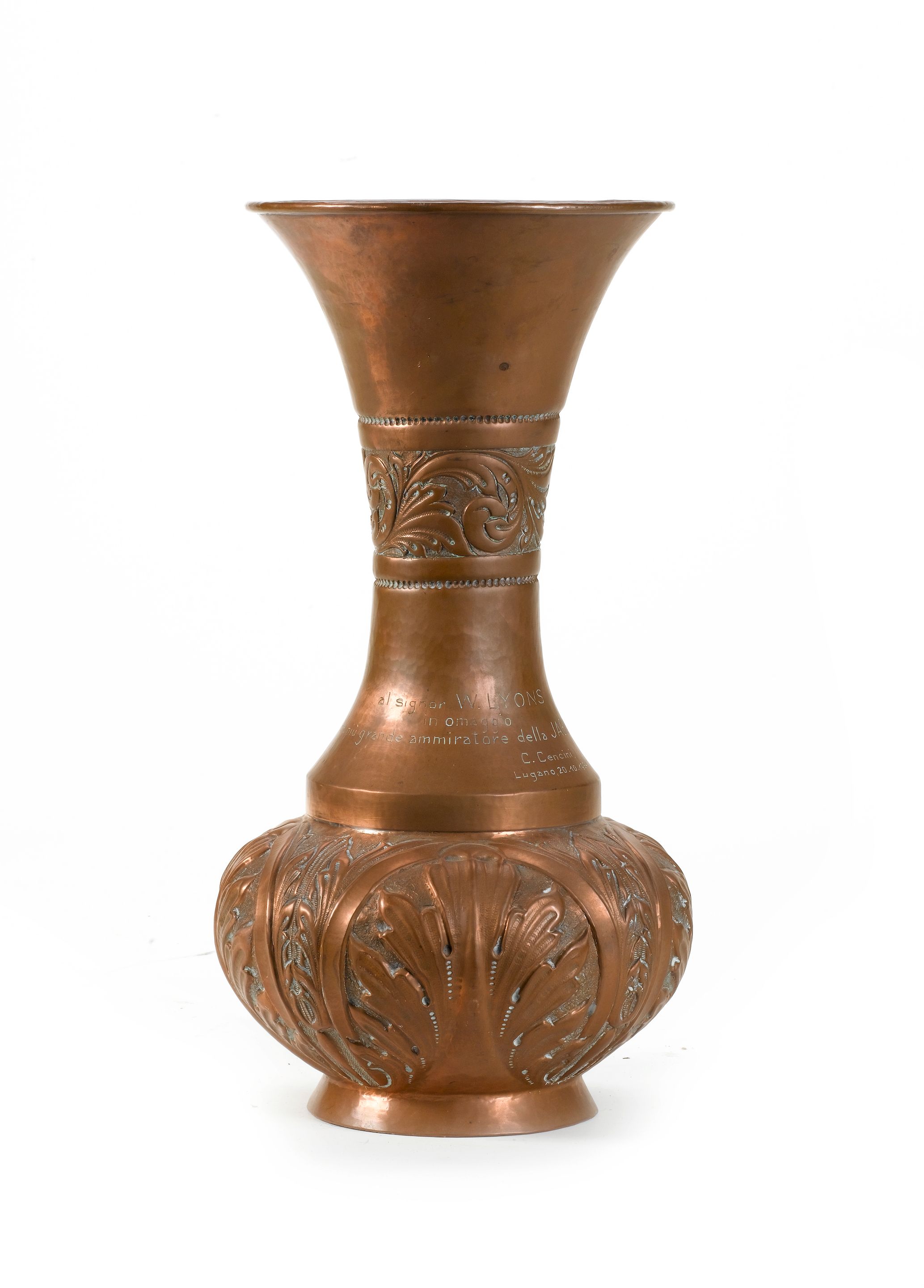 Bonhams Cars : A decorative copper vase presented to Signor W Lyons ...