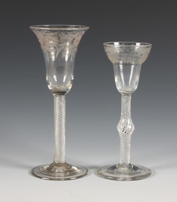 Bonhams Two Engraved Air Twist Wine Glasses