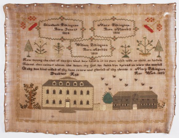 Bonhams : An unframed sampler with Pilkington family tree and Duxbury Hall