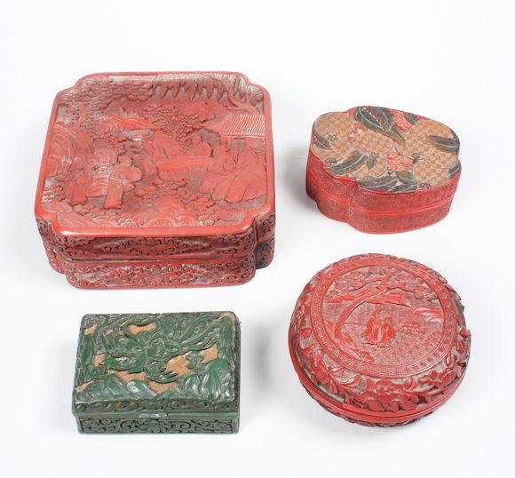 Bonhams : Three Chinese red lacquer boxes and covers and one green ...