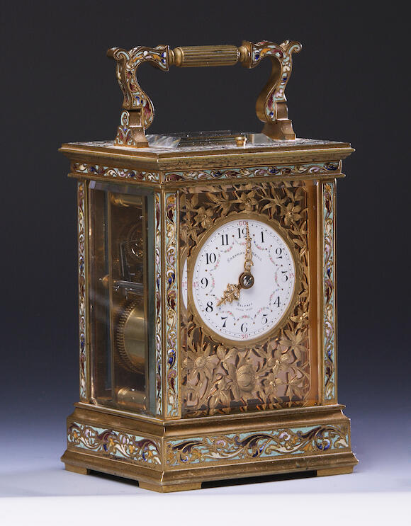 Bonhams : A late 19th French century gilt-brass and champleve enamel repeating carriage clock ...