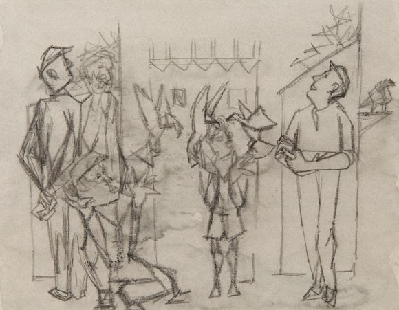 Bonhams : Eric Malthouse (British, 1914-1997) Men, boy and pigeons