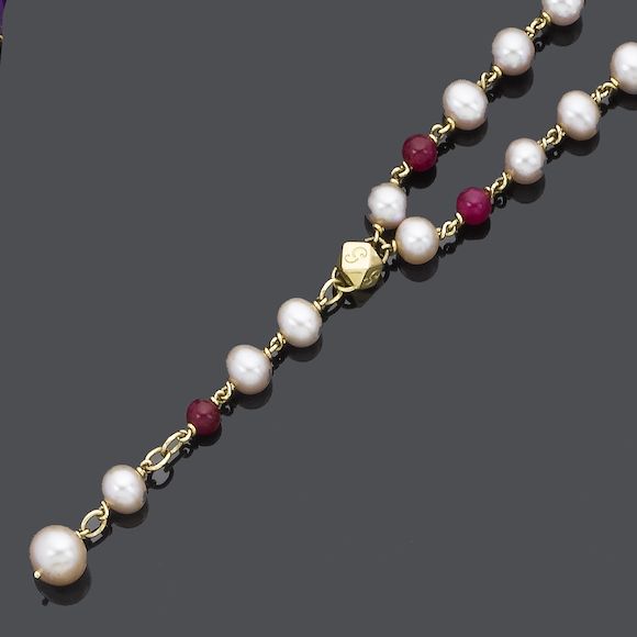 Bonhams : A cultured pearl and ruby necklace, by Garrard